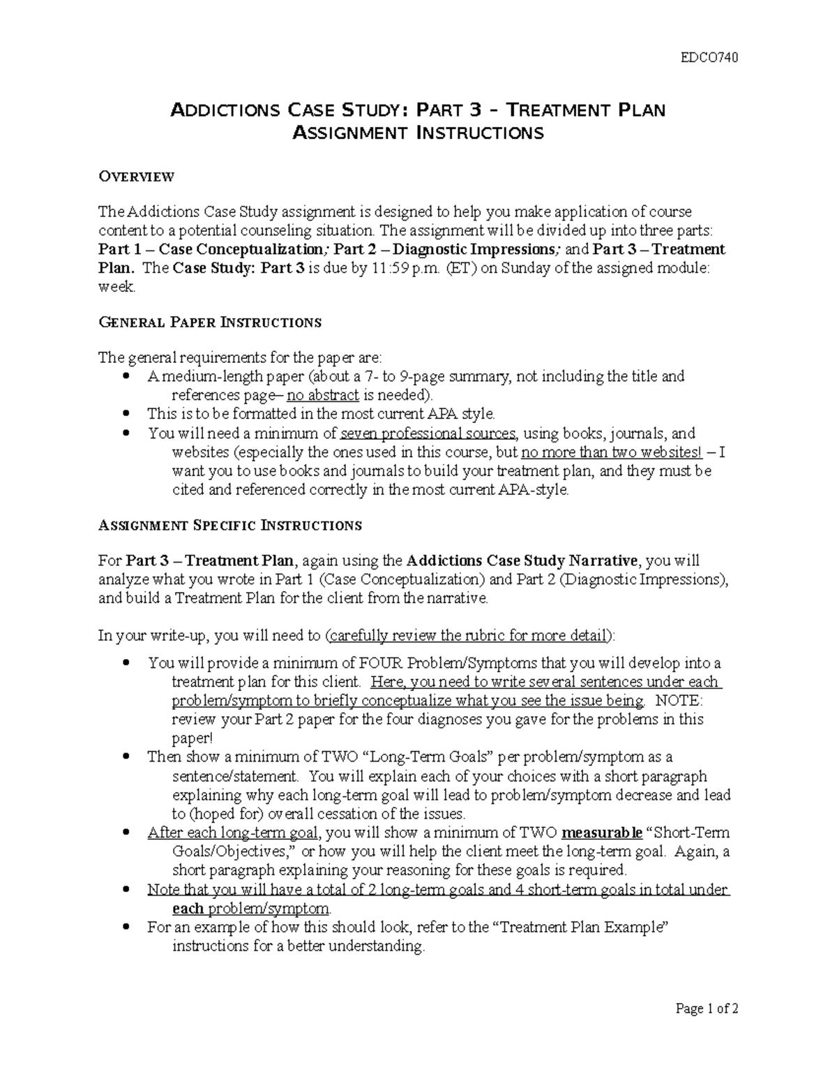 508476614 Addictions Case Study Treatment Plan 3 Assignment ...