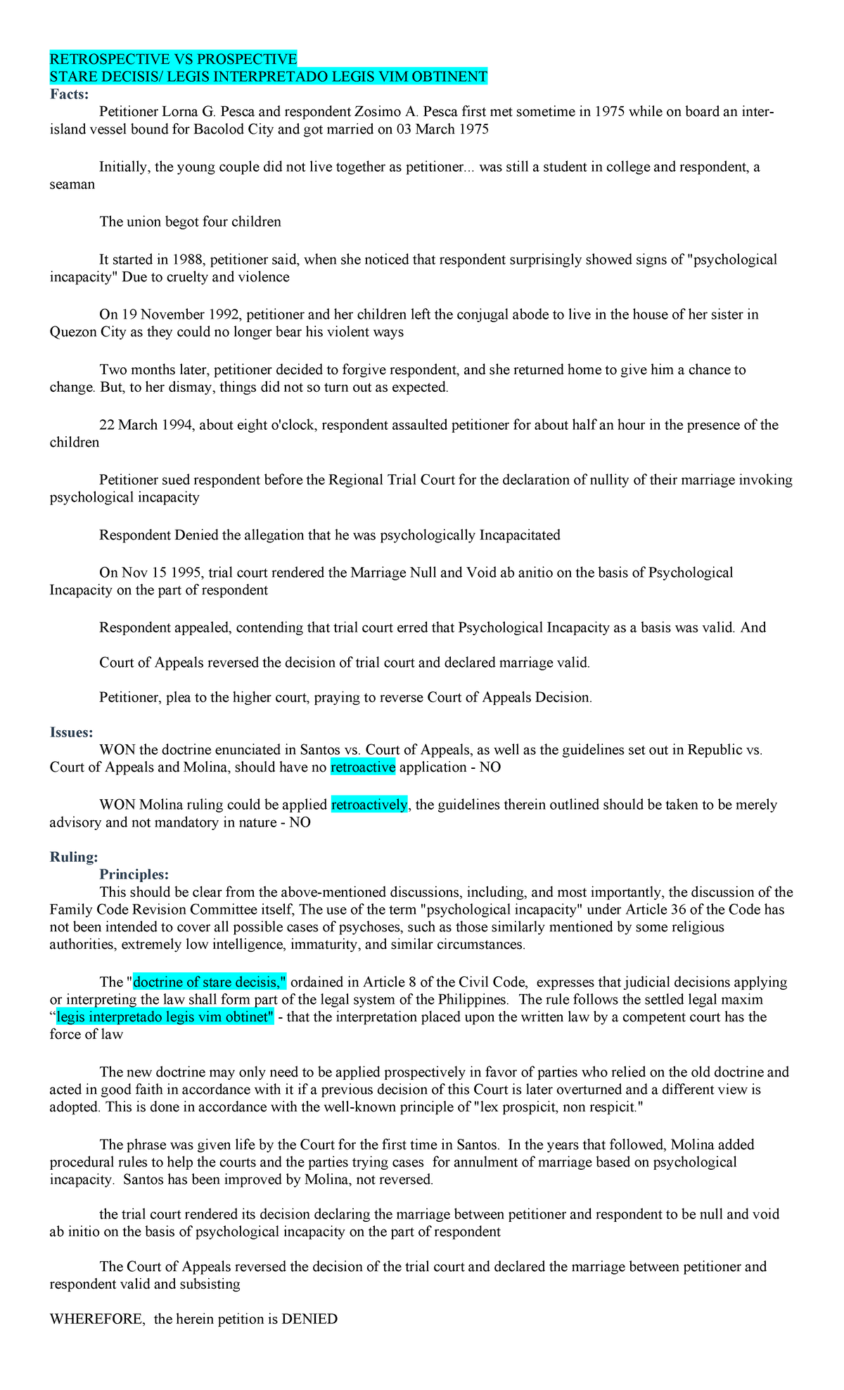 Pesca v. Pesca: Summary of Juris Doctor Case Analysis - Studocu