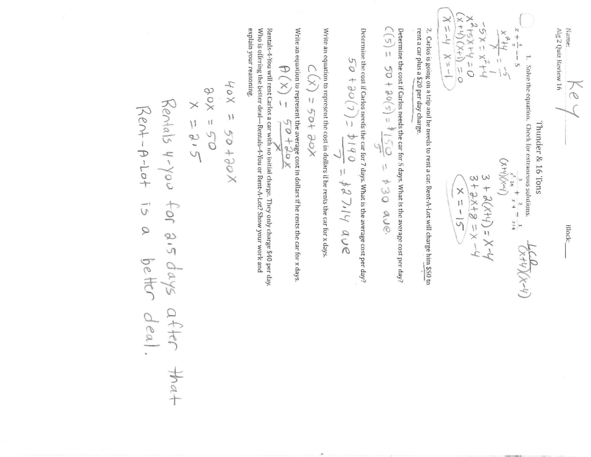 Alg 2 Quiz Review Cycle 16 Key - Math Concepts and Solutions - Studocu
