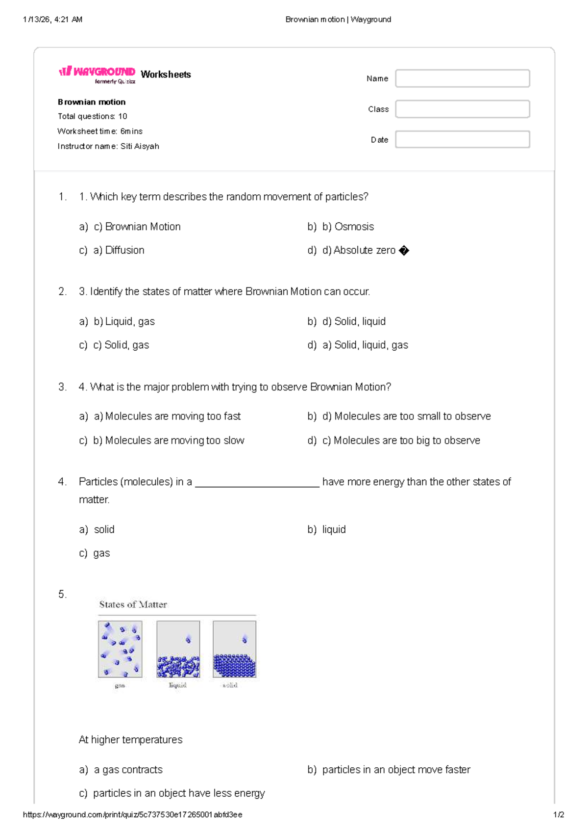 Brownian Motion Worksheet (4:21 AM) - Total Questions: 10 - Studocu
