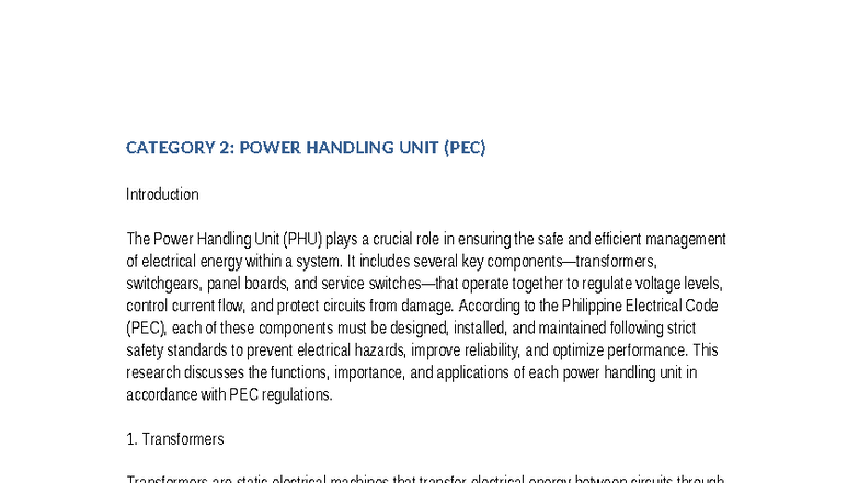 Power Handling Unit (PHU) Research According to PEC Standards - Studocu