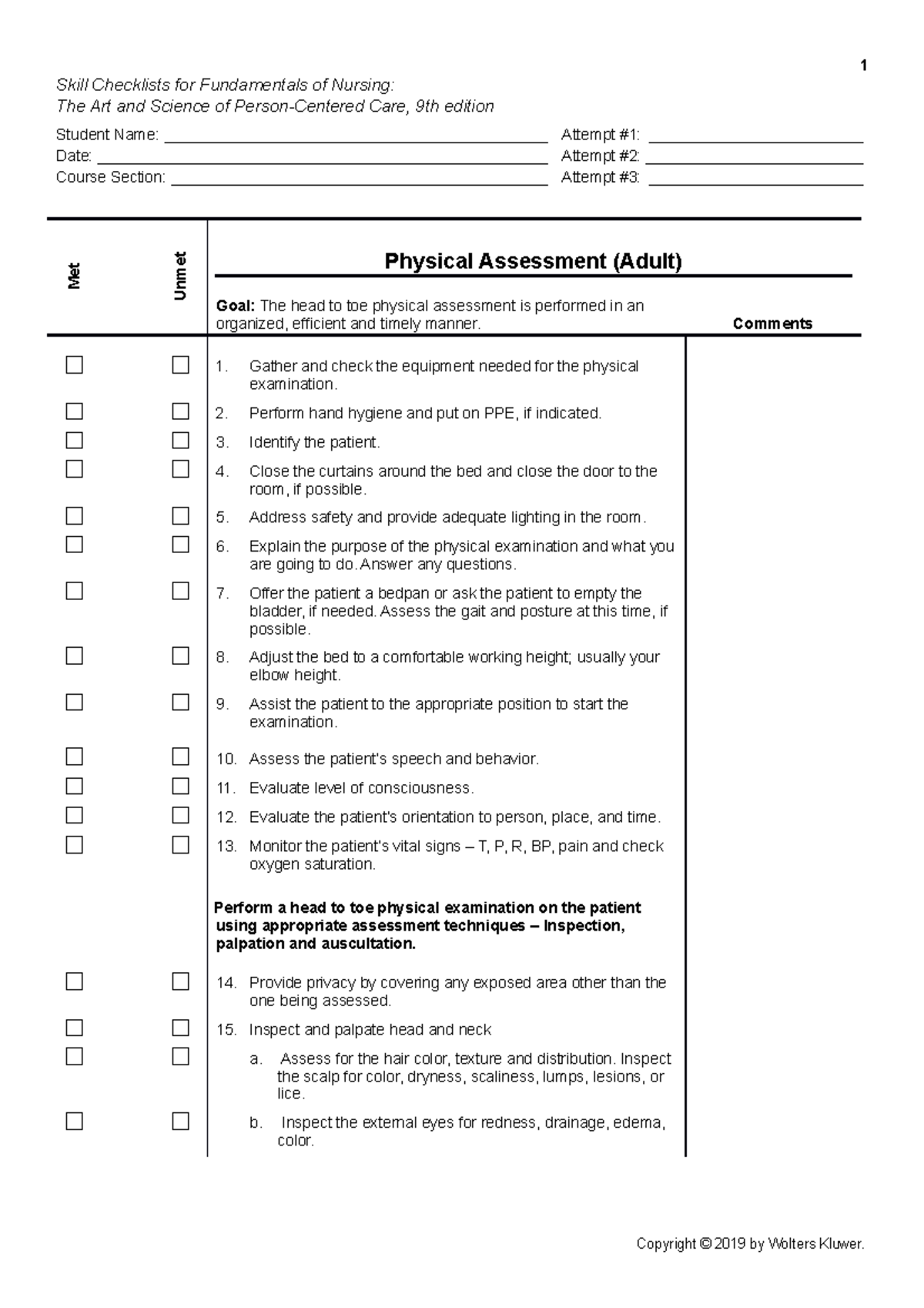 Physical Assessment Skills Checklist for Nursing Fundamentals - Studocu