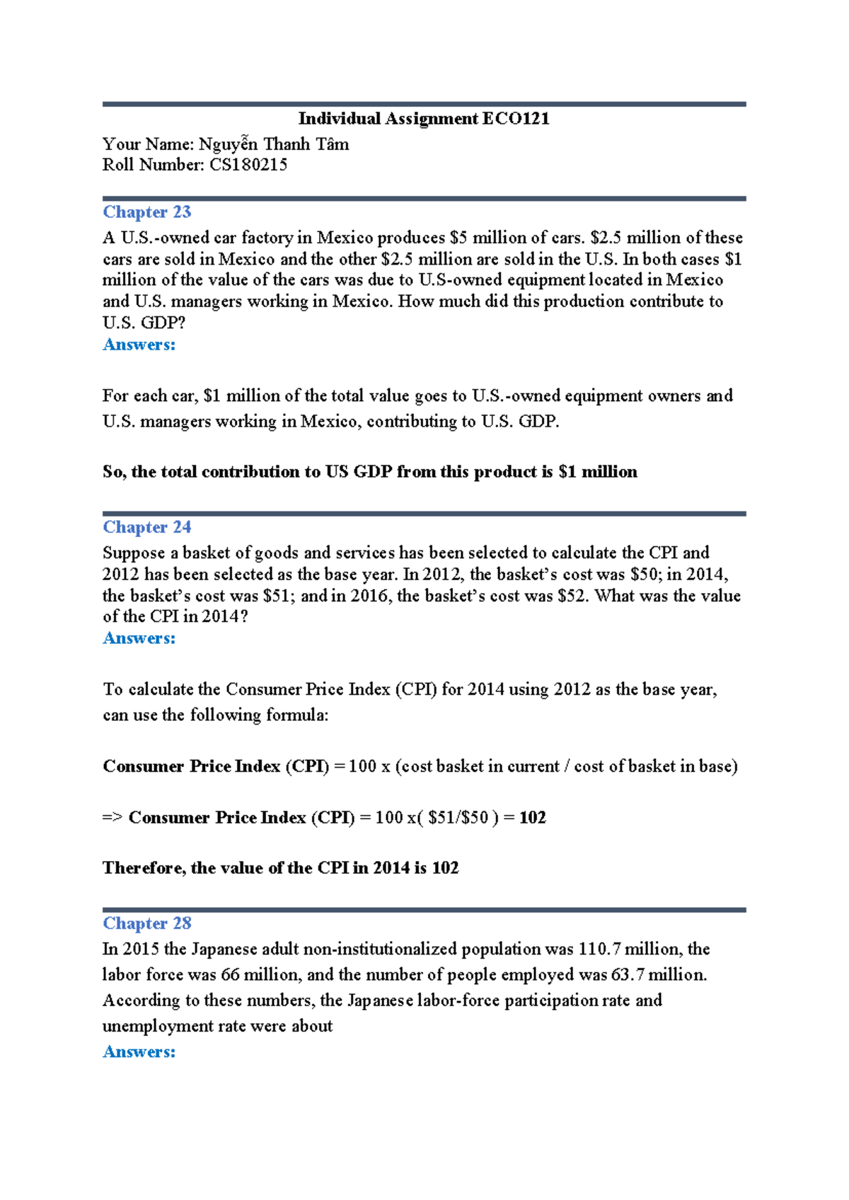 IA ECO121: Economic Contributions & CPI Analysis - Studocu