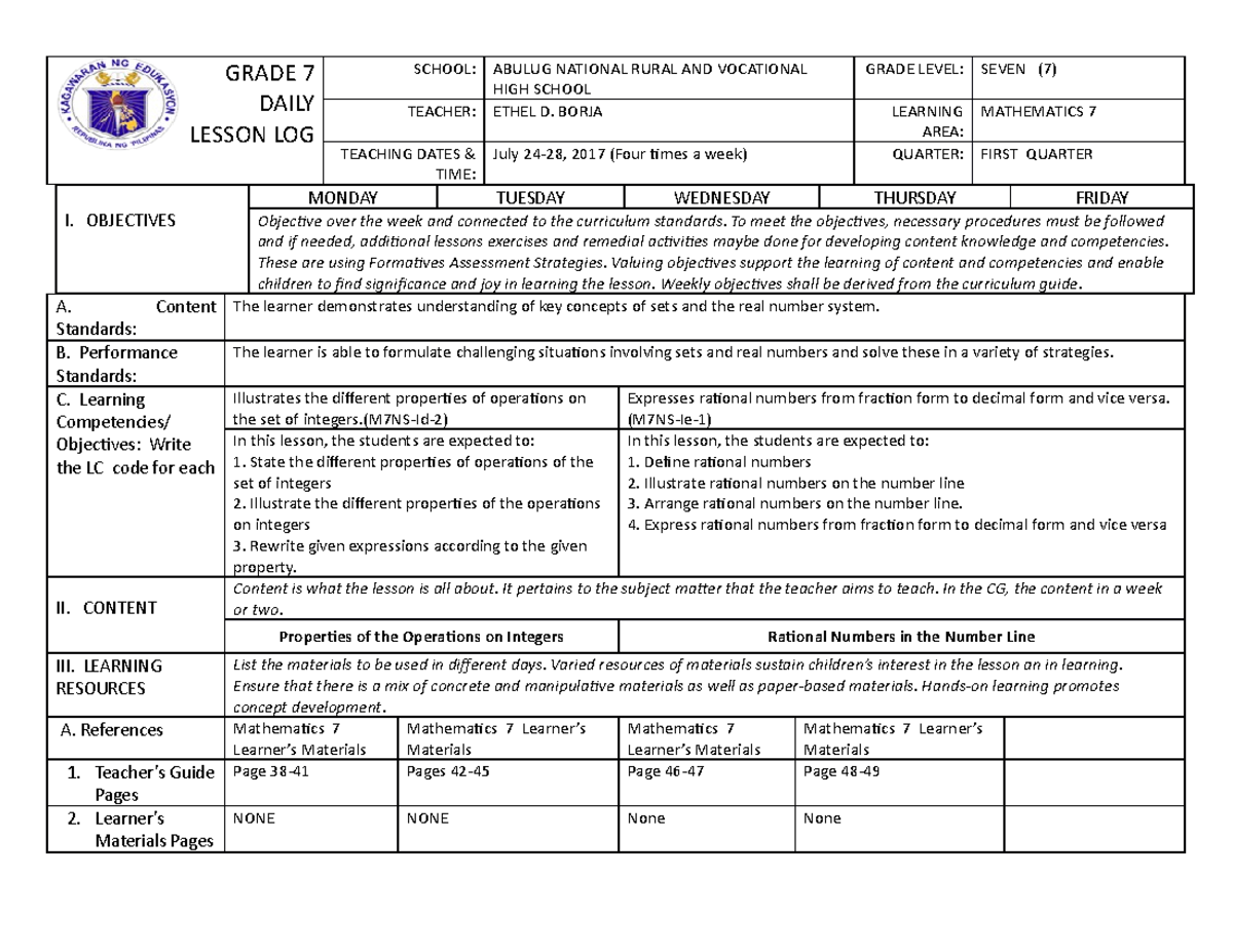 DLL MATH 7 Q1 W8 - Daily Lesson Log on Sets & Real Numbers - Studocu