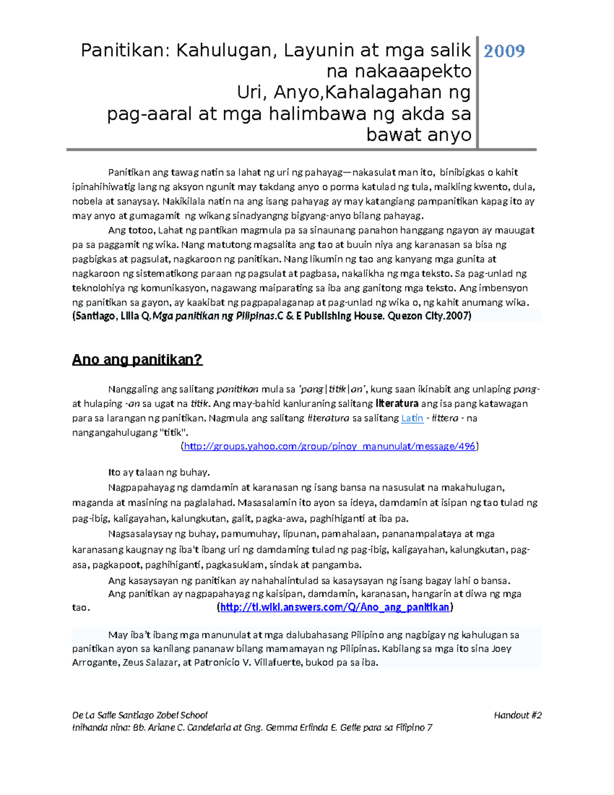 Filipino 7 Handout: Ano ang Panitikan? Kahulugan, Layunin, at mga ...