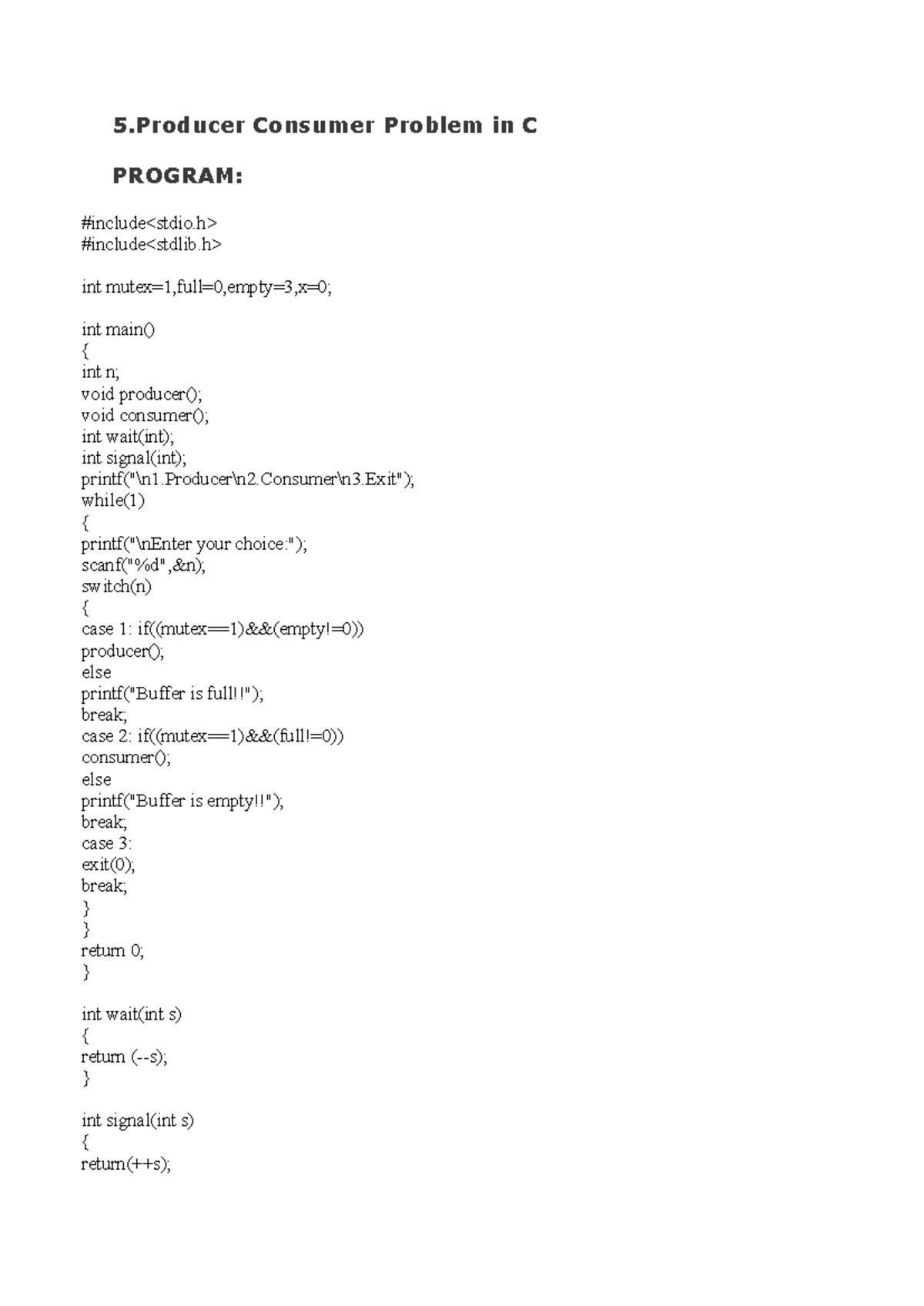 5. C Program for Producer-Consumer Problem Simulation Using Semaphores - Studocu