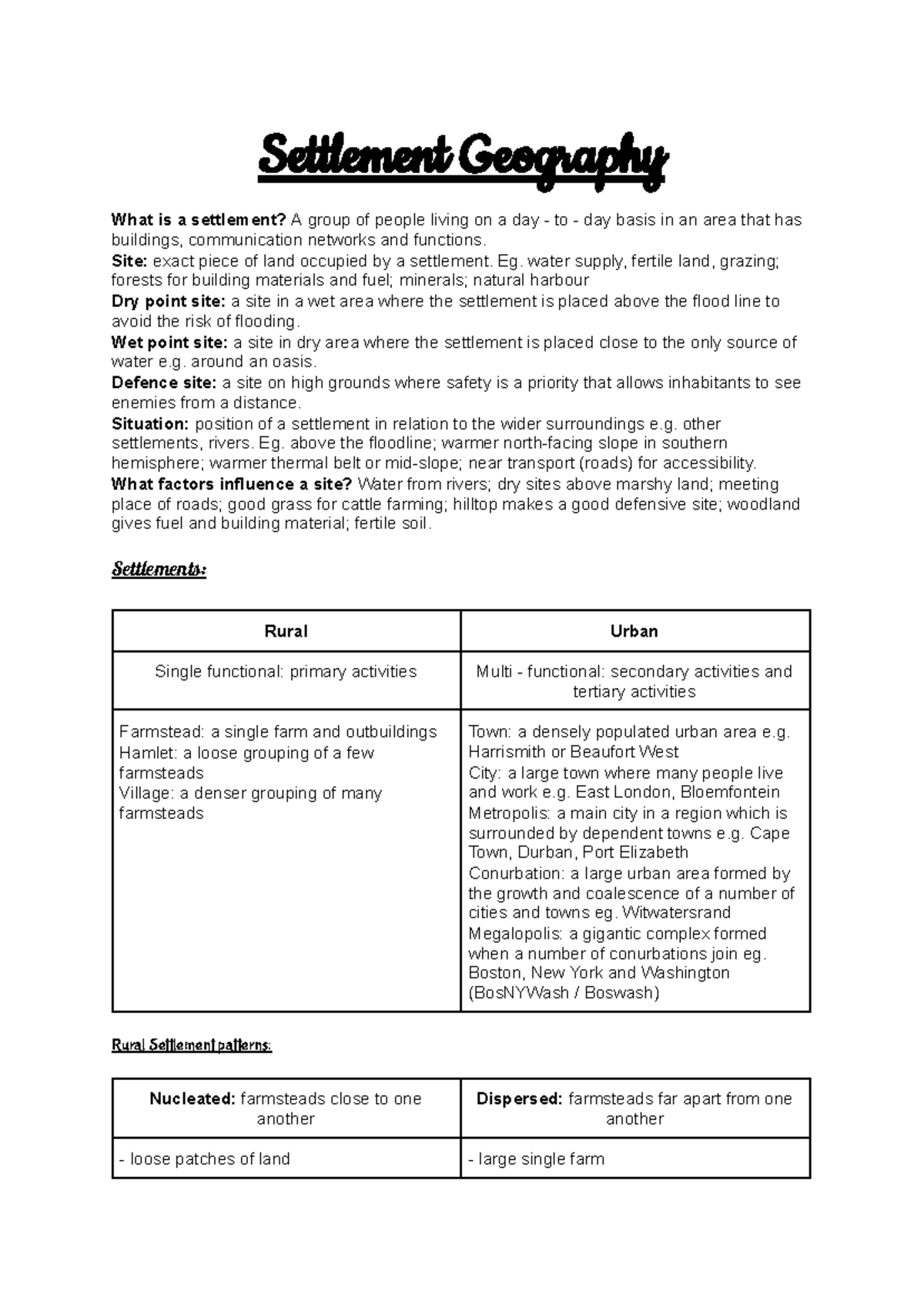 Geography Notes: Settlement Patterns & Economic Impact Analysis - Studocu