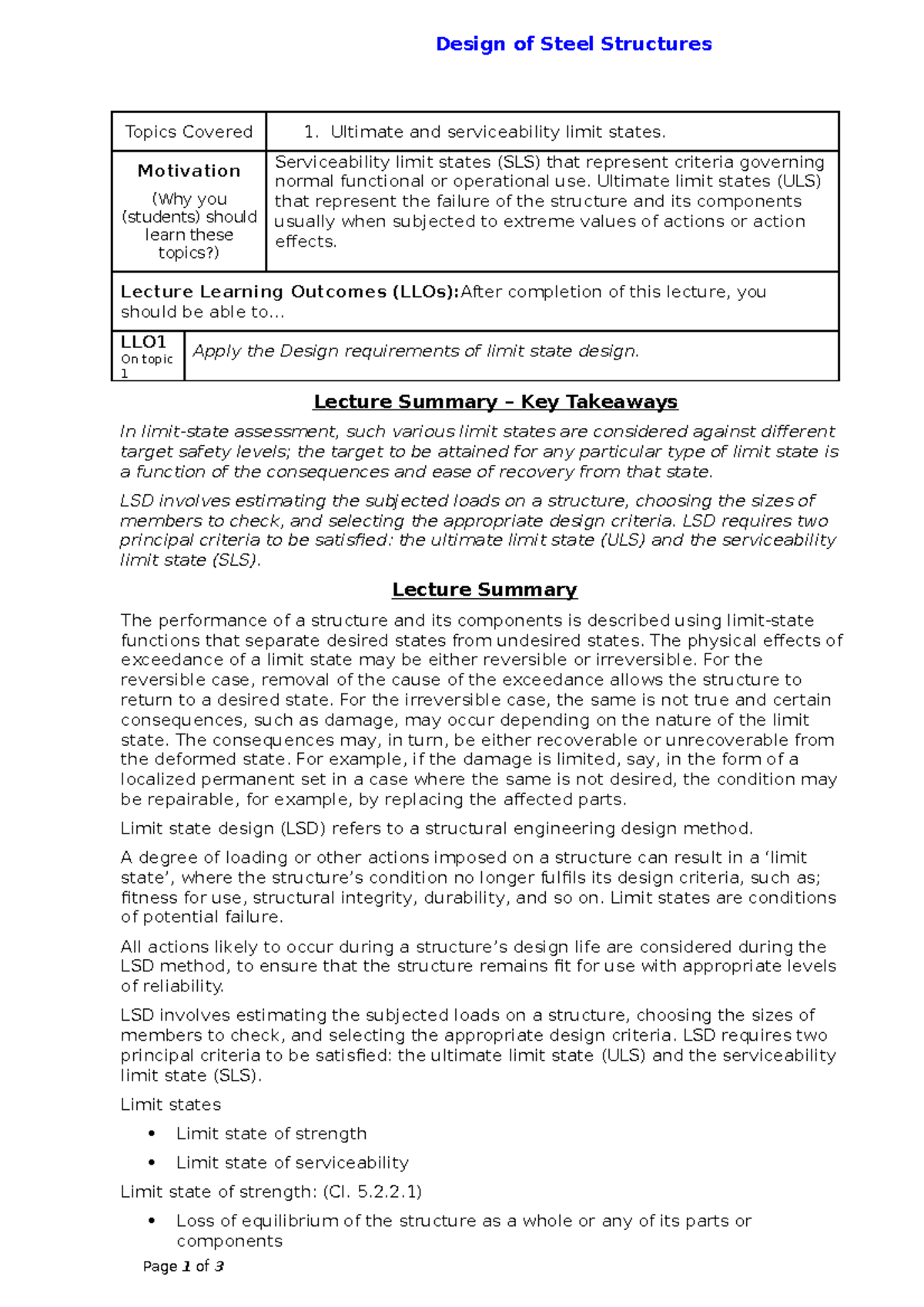 Ultimate and Serviceability Limit States in Steel Structures - ENG 101 ...