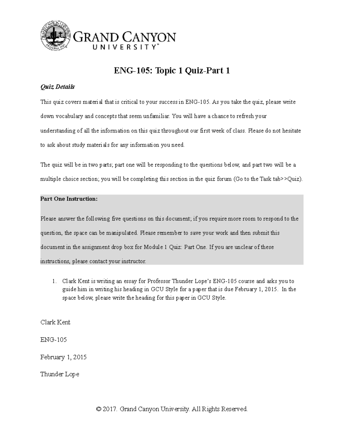 ENG-105 Topic 1 Quiz: Part 1 Instructions & Analysis Guidance - Studocu
