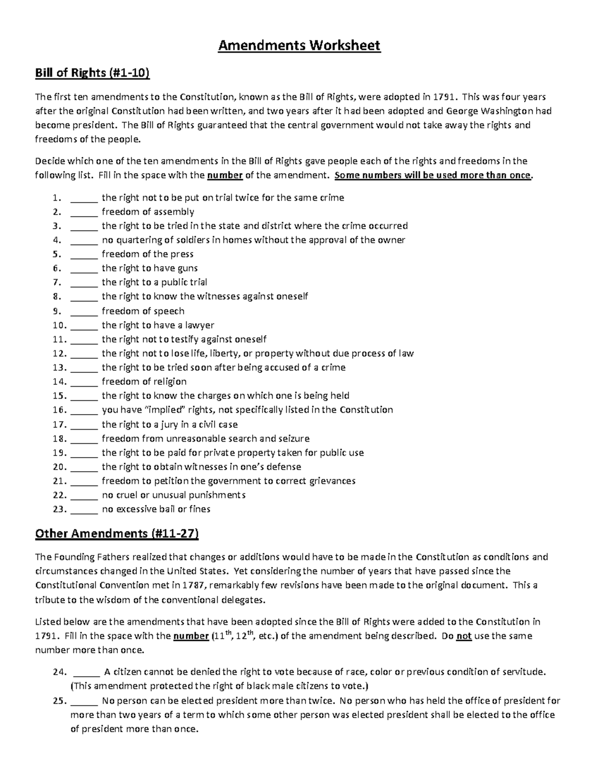 Amendments Worksheet: Bill of Rights and Beyond (Constitution) - Studocu