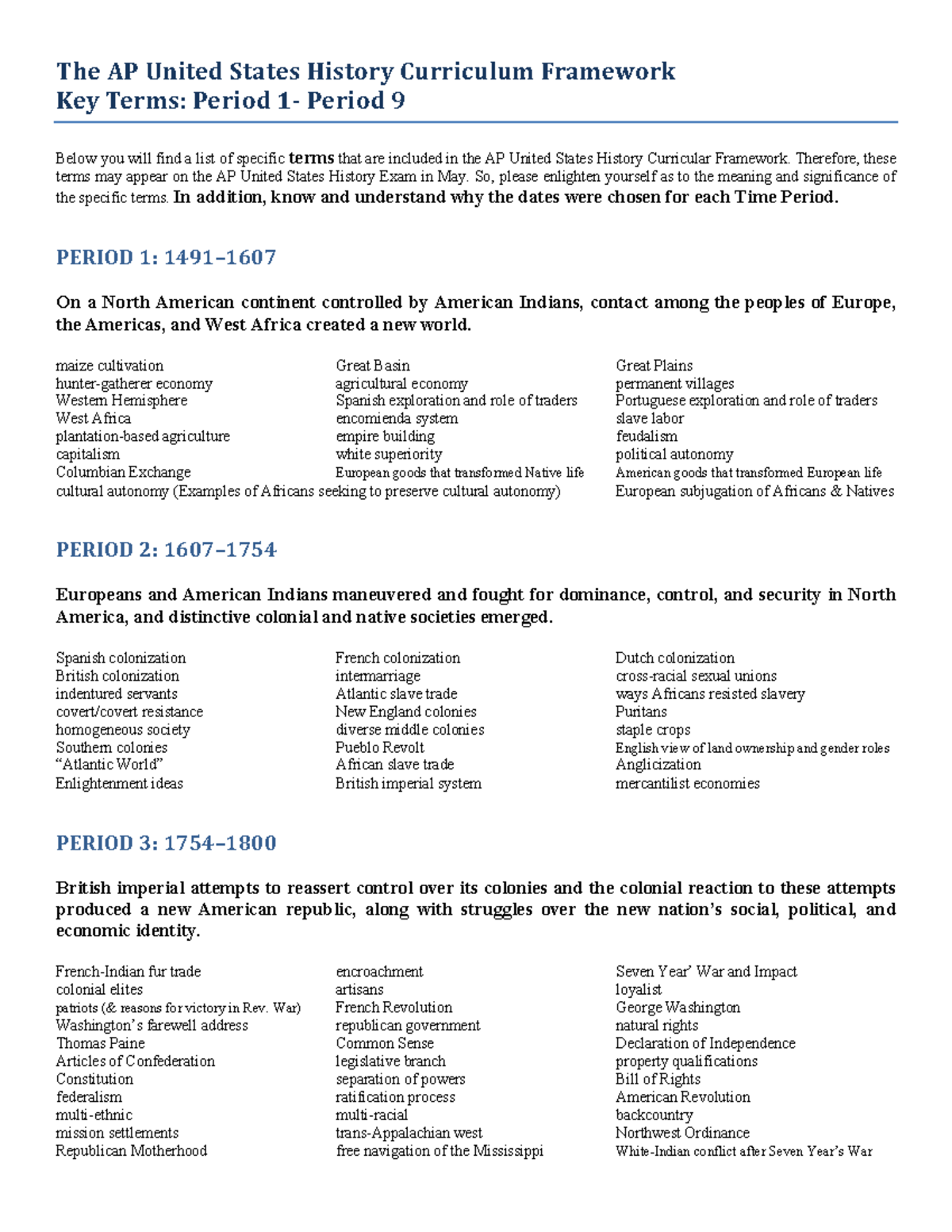Curriculum framework key terms period 1-9 - The AP United States ...