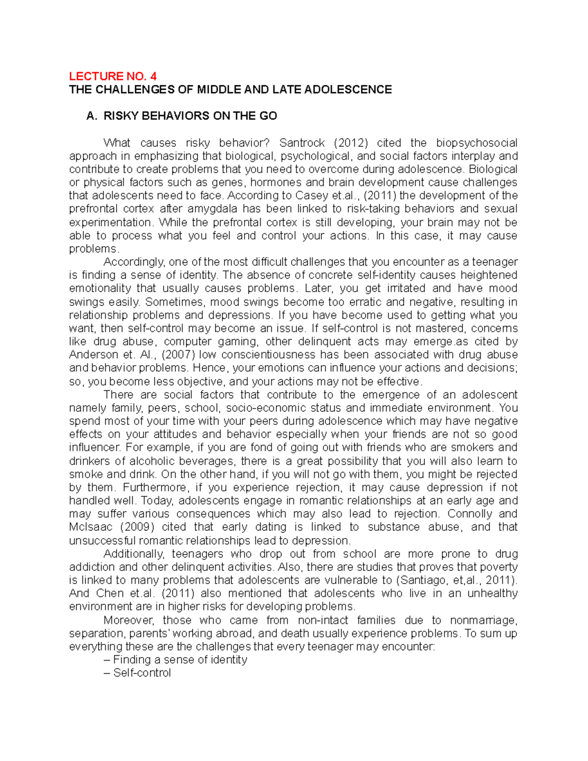 Lecture No. 4 Per Dev Challenges OF Adolescence - LECTURE NO. 4 THE ...