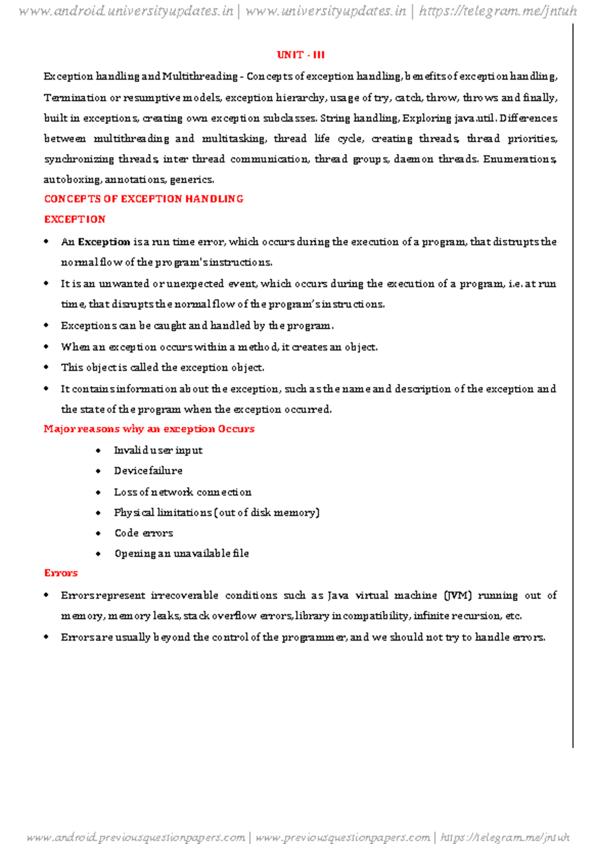 JAVA UNIT-III: Exception Handling & Multithreading Concepts - Studocu
