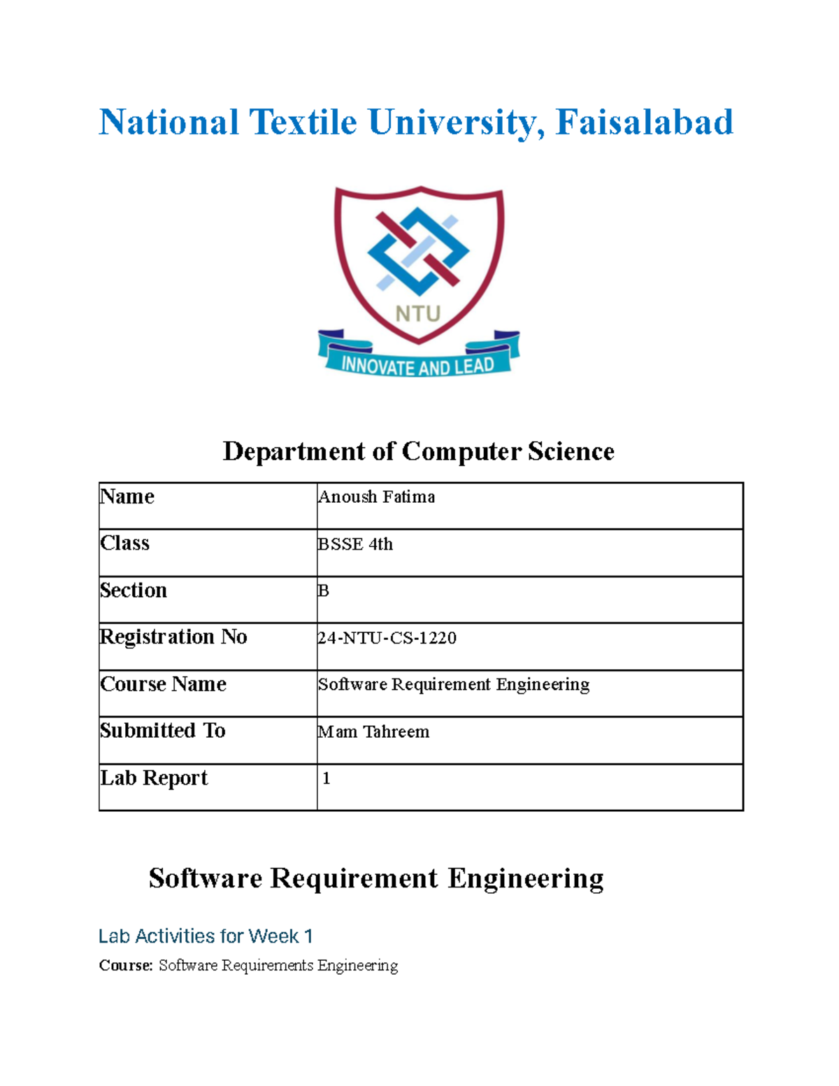 BSSE 4th - Lab Report 1: Software Requirements Engineering Activities ...