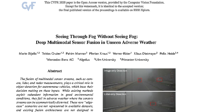Seeing Through Fog: Deep Multimodal Sensor Fusion in Adverse Weather (CVPR 2020) - Studocu