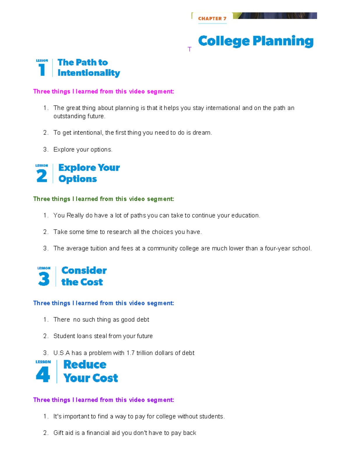 Ch 7 College Planning Video Notes Summary and Insights - Studocu