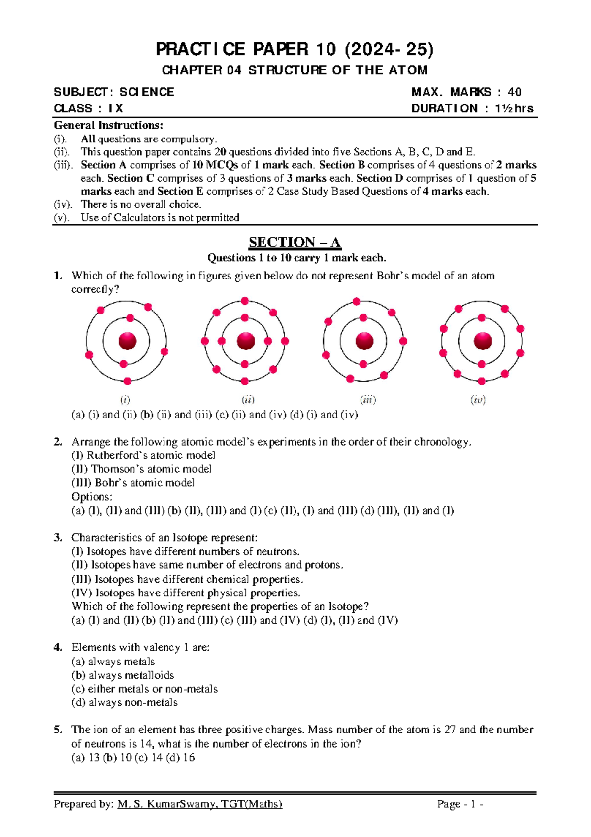 Science class ix chapter 04 structure of the atom practice paper 10 ...