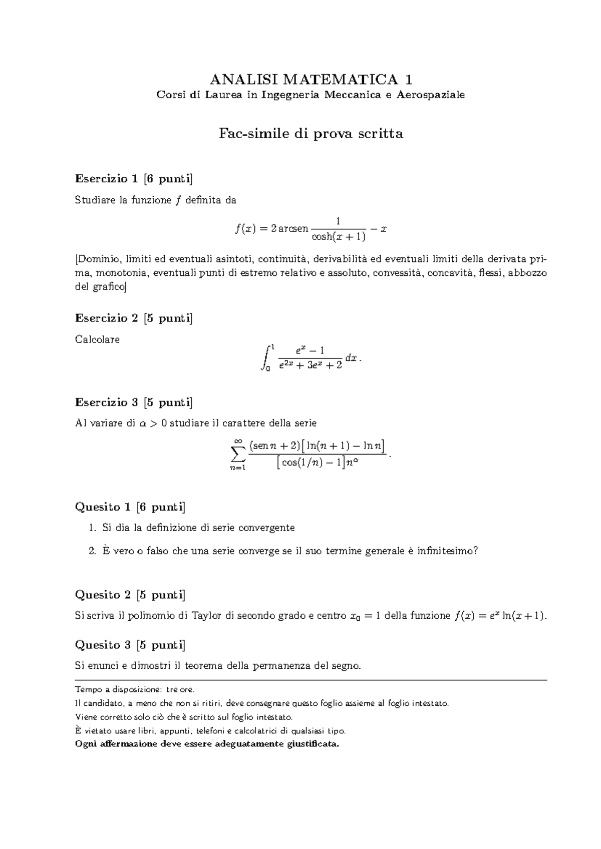 Facsimile Prova Scritta Analisi Matematica 1 - Esercizi e Teoremi - Studocu