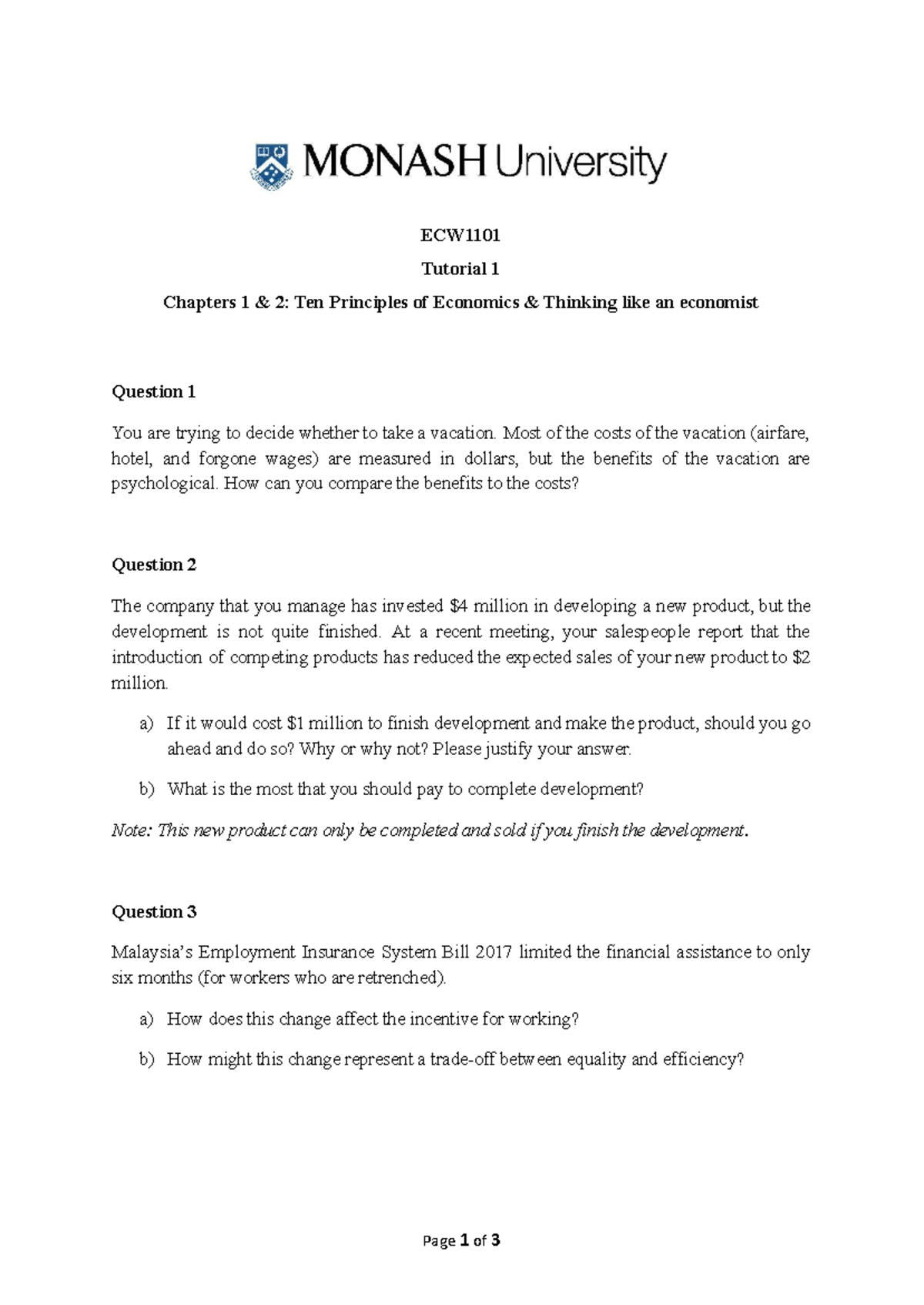 ECW1101 Tutorial 1: Principles of Economics & Decision-Making - Studocu