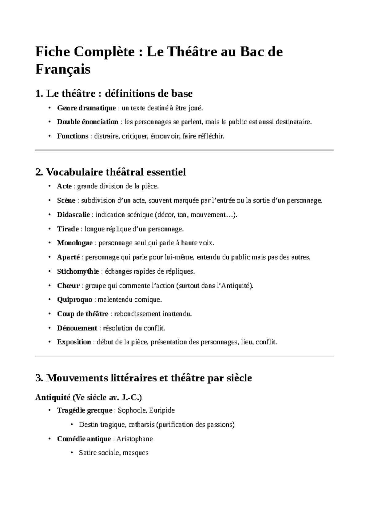 Fiche Complète : Le Théâtre au Bac de Français - Concepts et ...