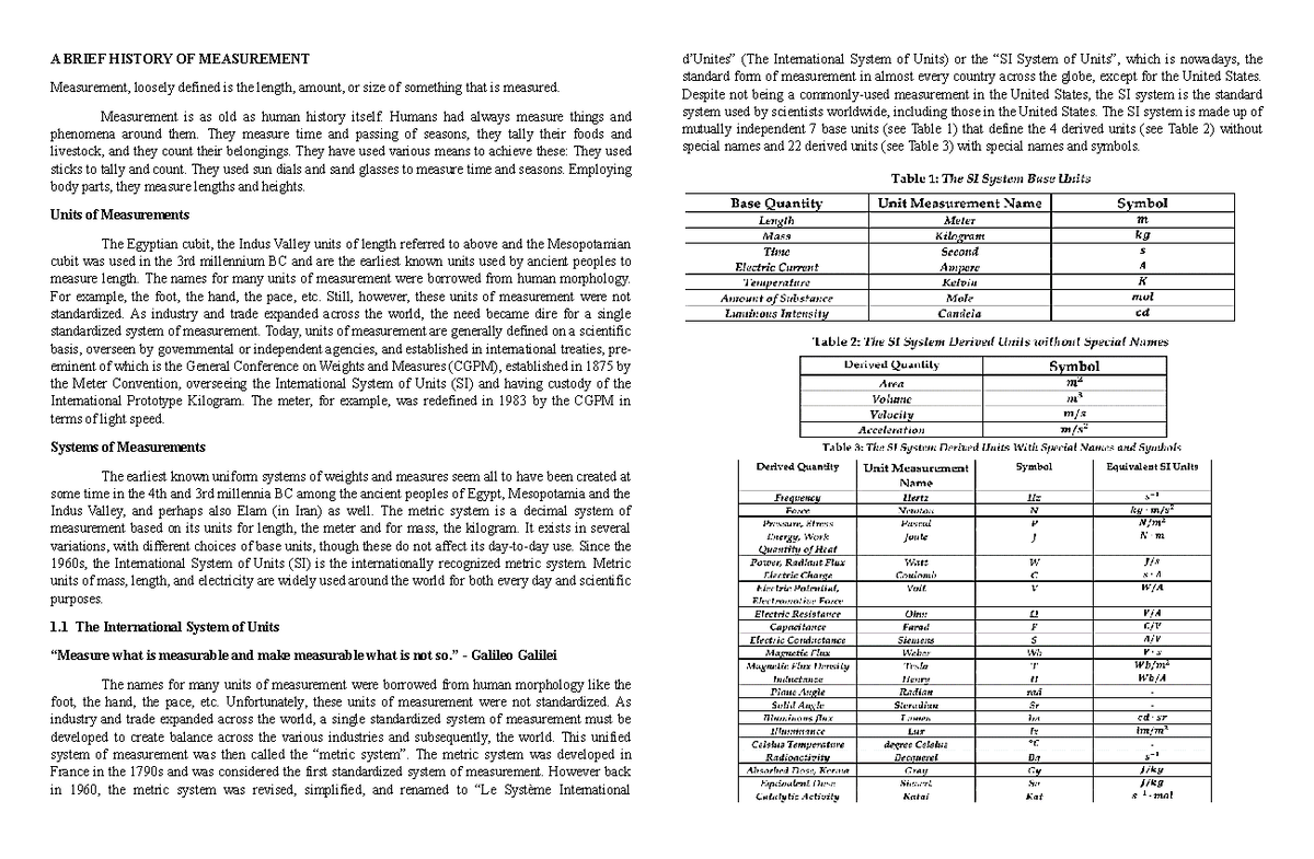 A Comprehensive Overview of Measurement History and Systems - Studocu