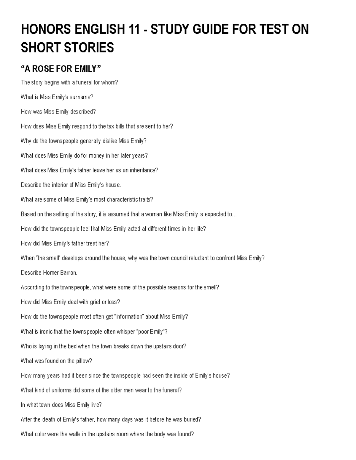 HONORS ENGLISH 11 - Study Guide for Short Stories Test - Studocu