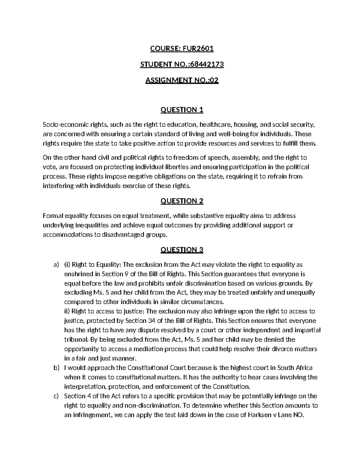 FUR2601 Assignment 2: Rights and Equality Analysis - Studocu