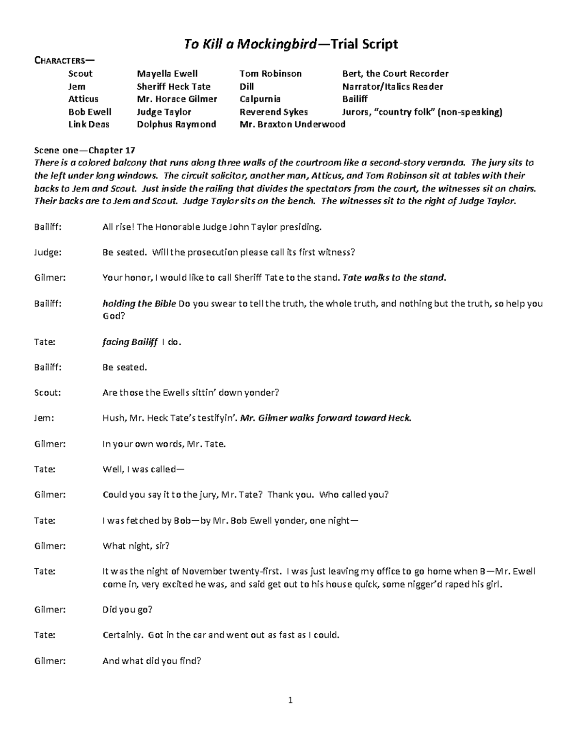 To Kill a Mockingbird Trial Script: Scene Breakdown and Characters (TKM ...
