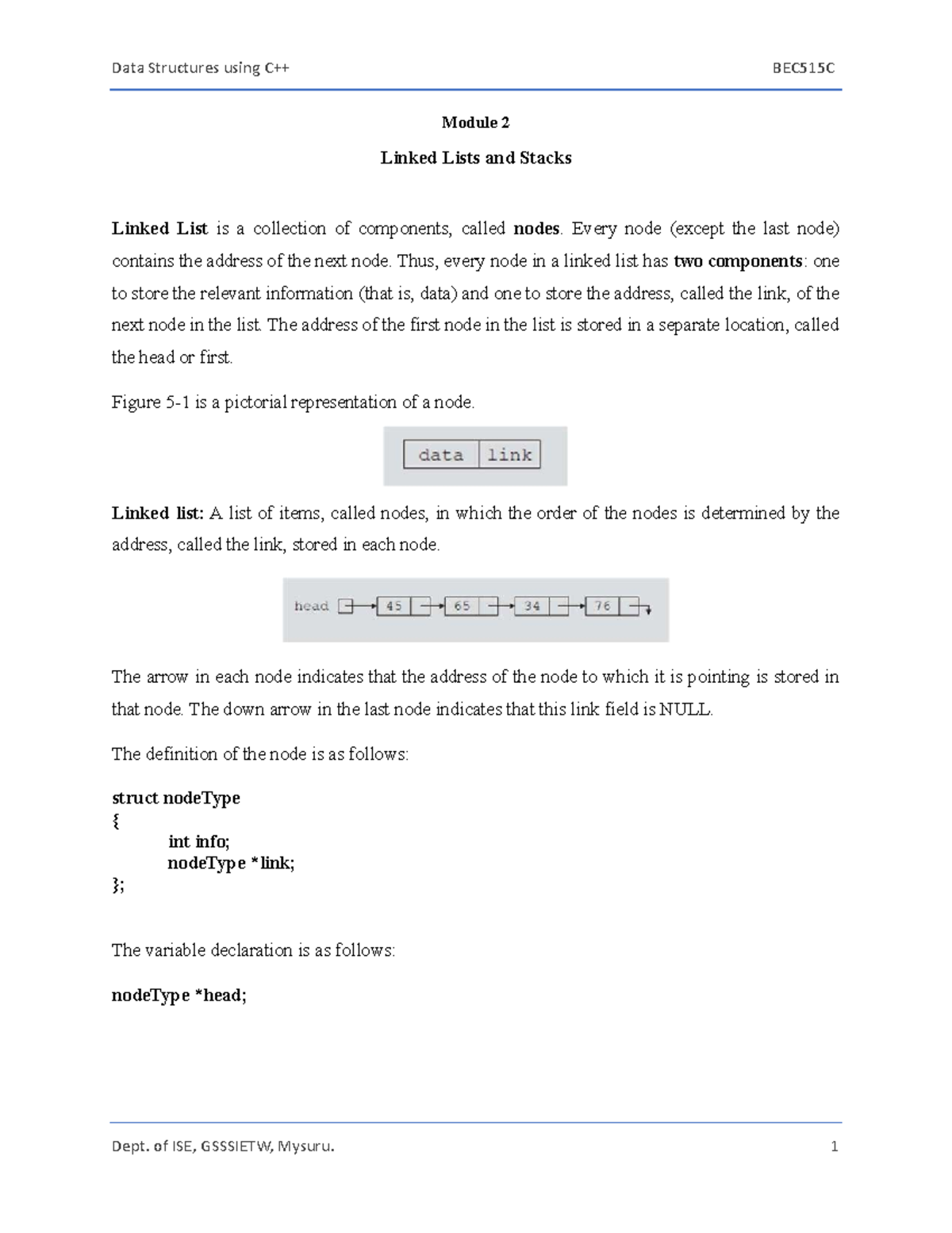 Data Structures BEC515C: Module 2 - Linked Lists & Stacks Overview ...