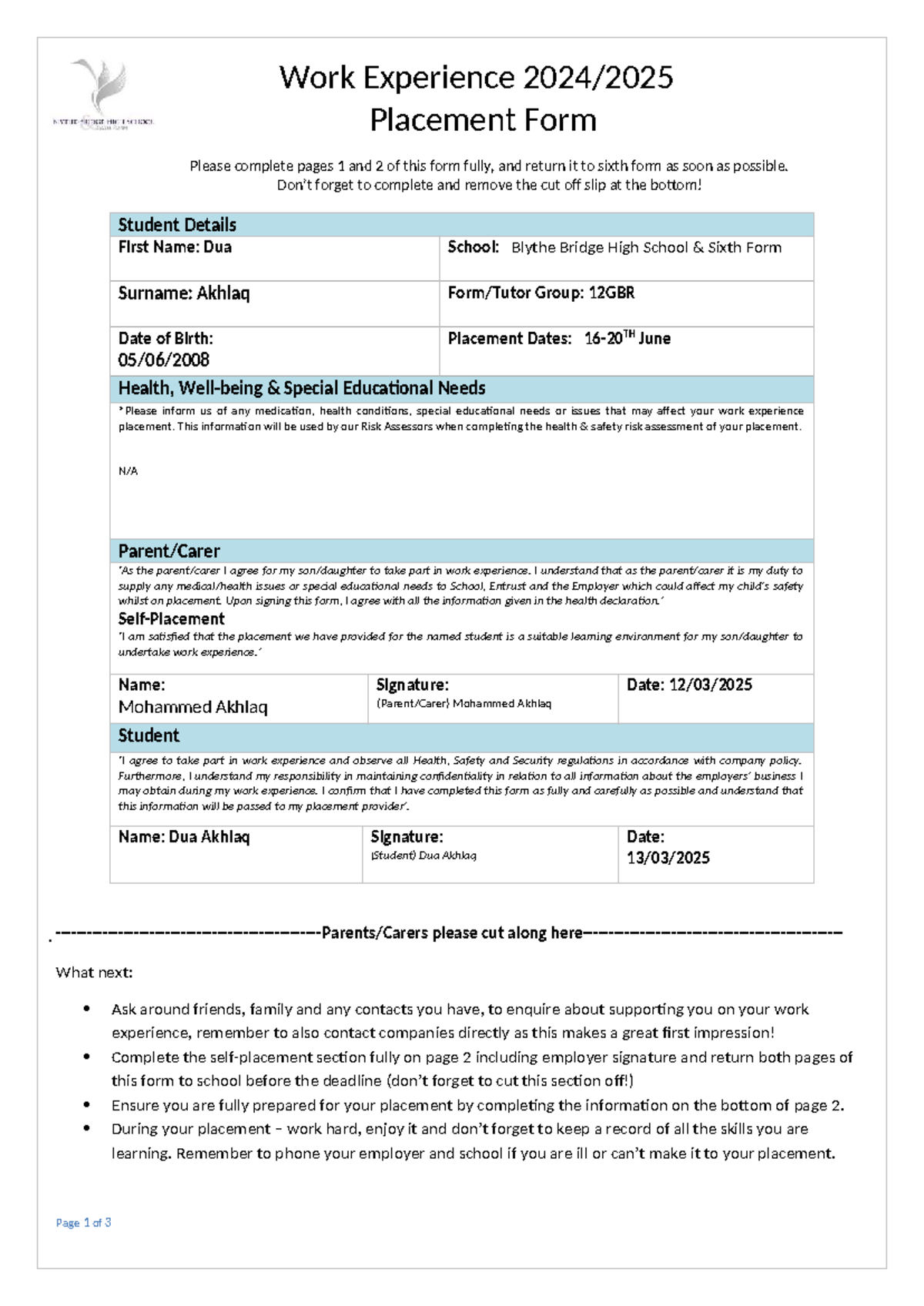 Self Placement Form for Work Experience - Oct 2024 - Studocu
