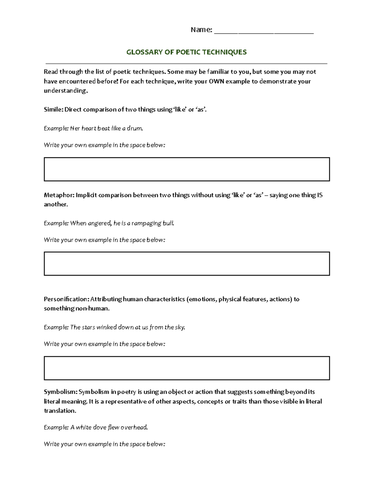 Year 7 Poetic Devices: Glossary & Quiz on Figurative Language - Studocu