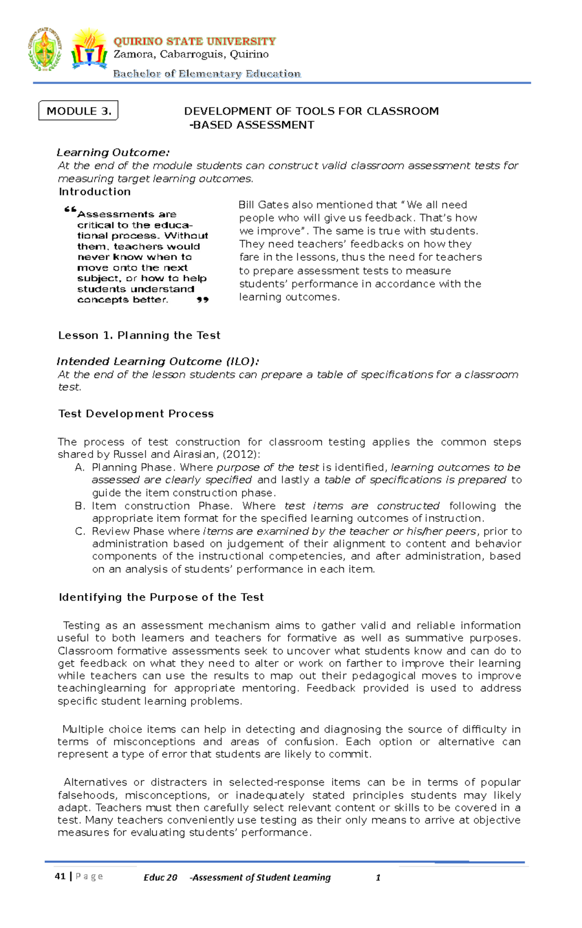 Assessment - module - MODULE 3. DEVELOPMENT OF TOOLS FOR CLASSROOM ...