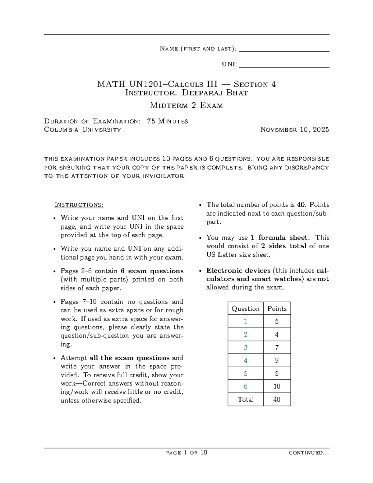 MATH 2025 Midterm 2 Exam - November 2025 - Studocu