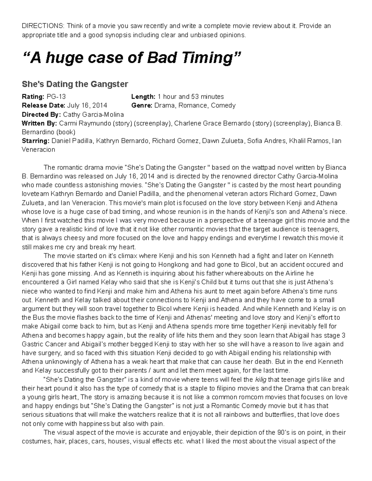 DIRECTIONS: Movie Review of "Dating the Gangster" (Drama/Romance) - Studocu