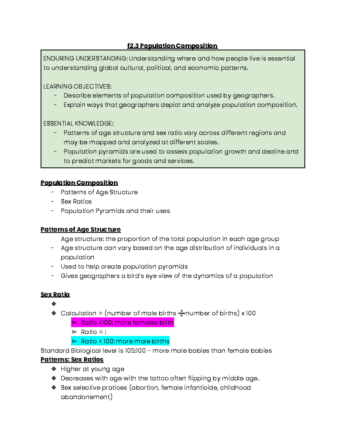 Population Composition Notes (AP Human Geography - 15294422.3) - Studocu