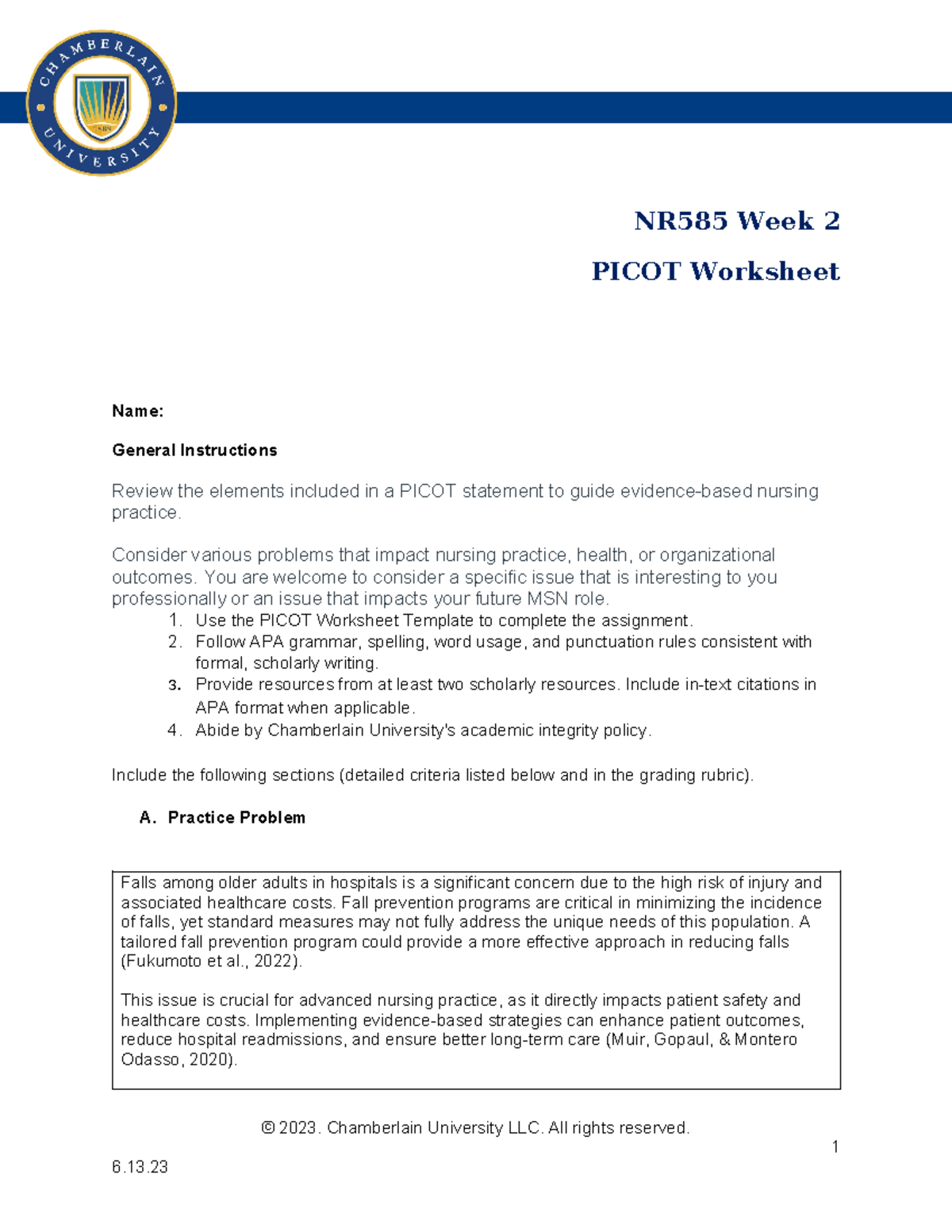 (NR585 Picot Worksheet Template) - NR585 Week 2 PICOT Worksheet Name ...