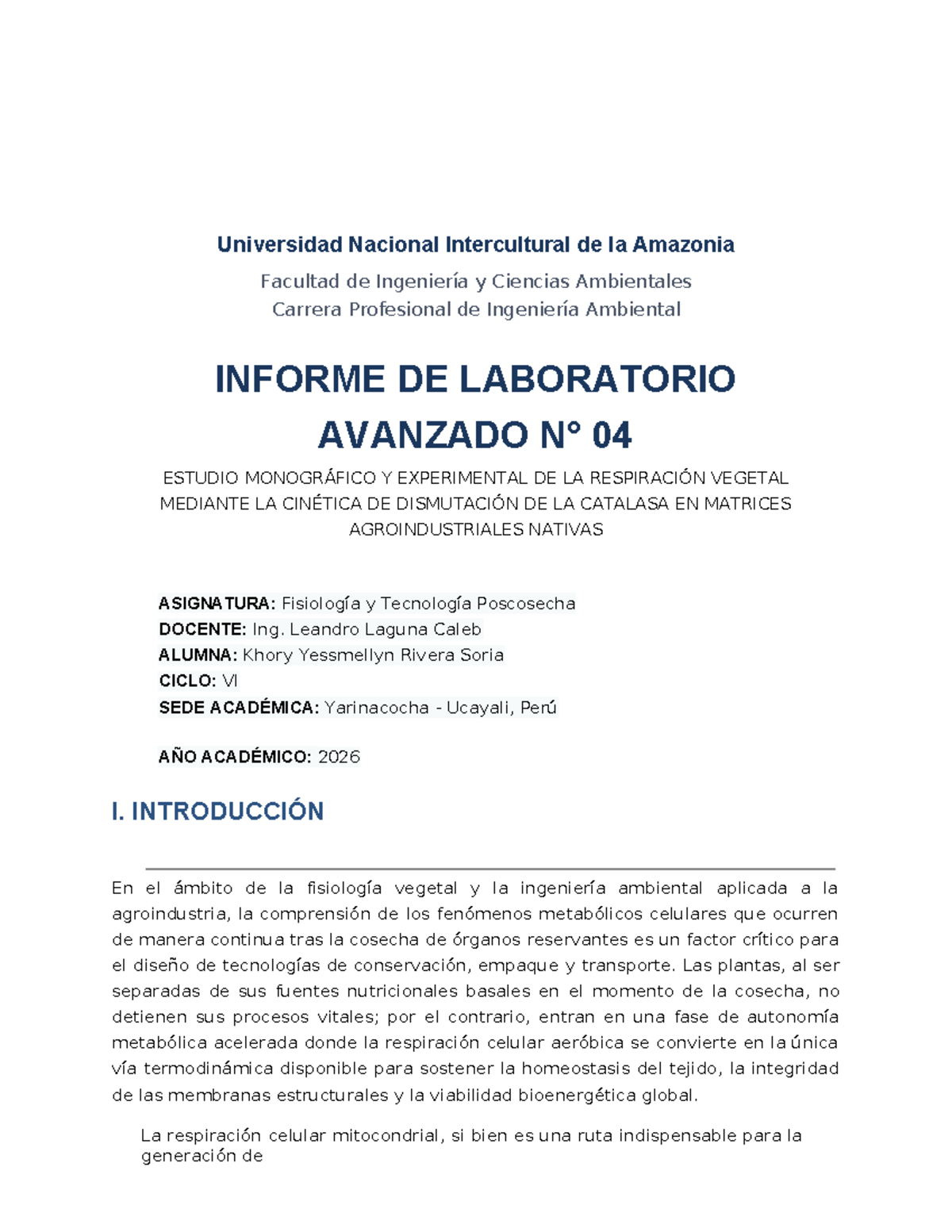 Monografía y Reporte Avanzado N04: Cinética de la Catalasa en Matrices ...