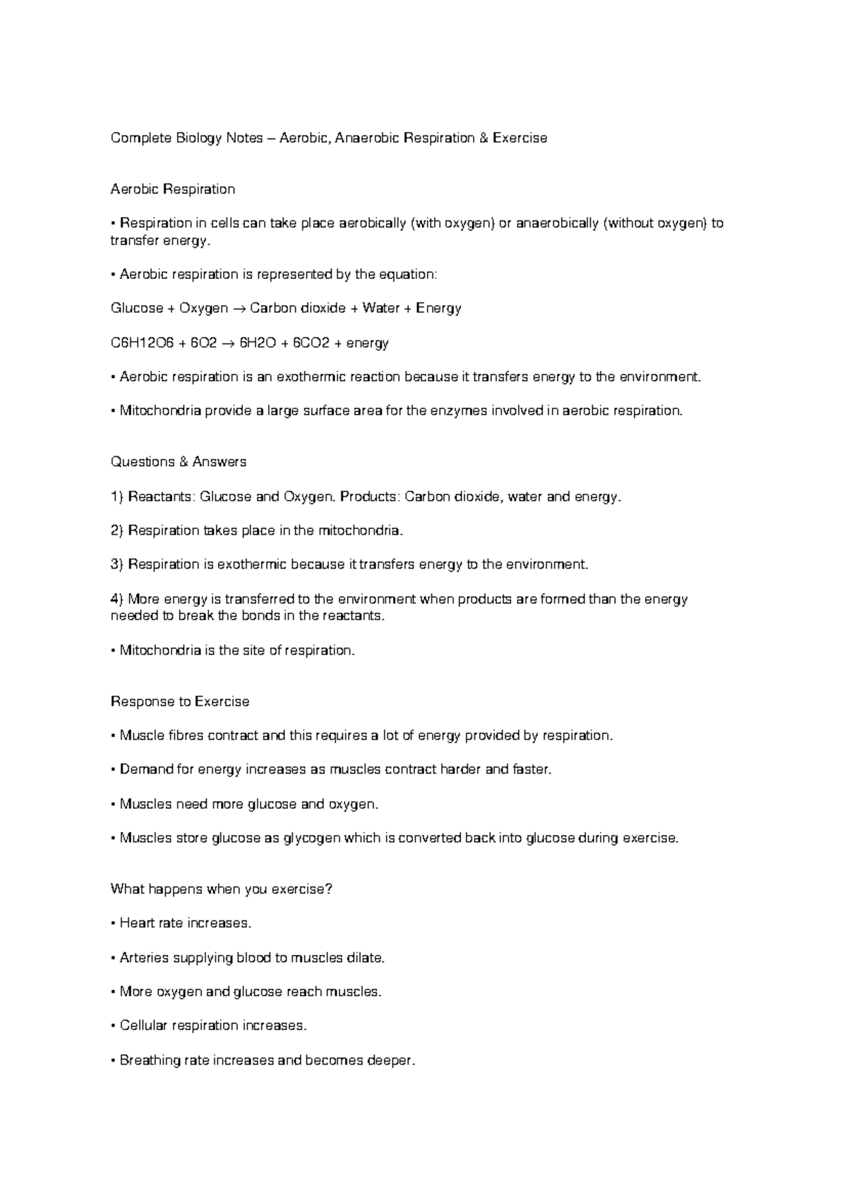 Biology Notes: Aerobic & Anaerobic Respiration Overview - Studocu