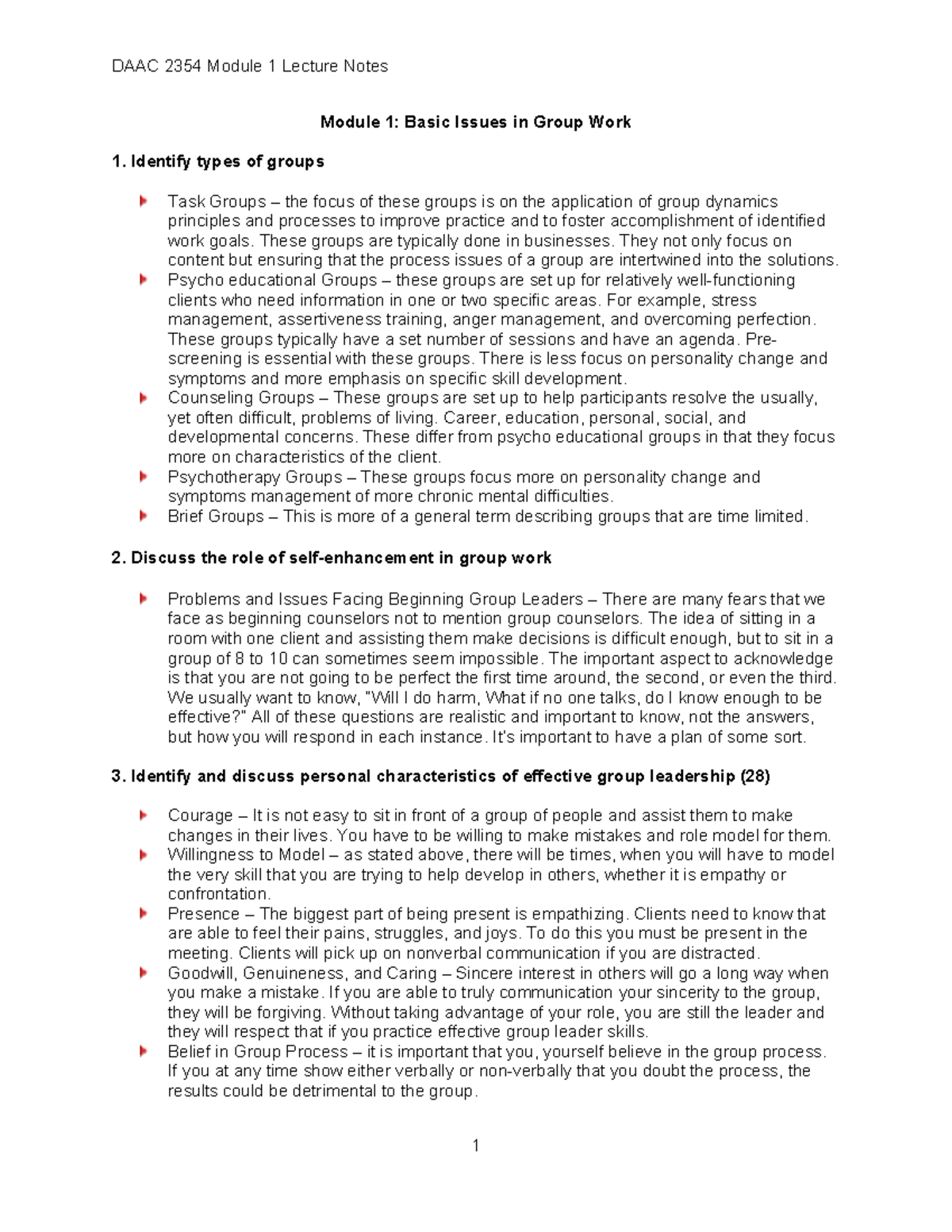DAAC 2354 Module 1 Lecture Notes: Key Concepts in Group Counseling ...