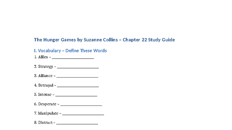 The Hunger Games Chapter 22 Study Guide - The Hunger Games by Suzanne ...