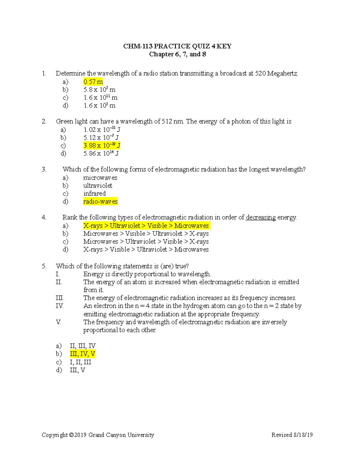 CHM113 PQ4 Ch6Ch7Ch8 KEY - CHM-113 PRACTICE QUIZ 4 KEY Chapter 6, 7 ...