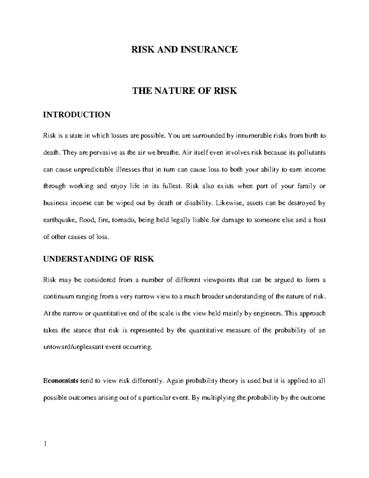 RISK AND INSURANCE: Understanding the Nature of Risk - Studocu