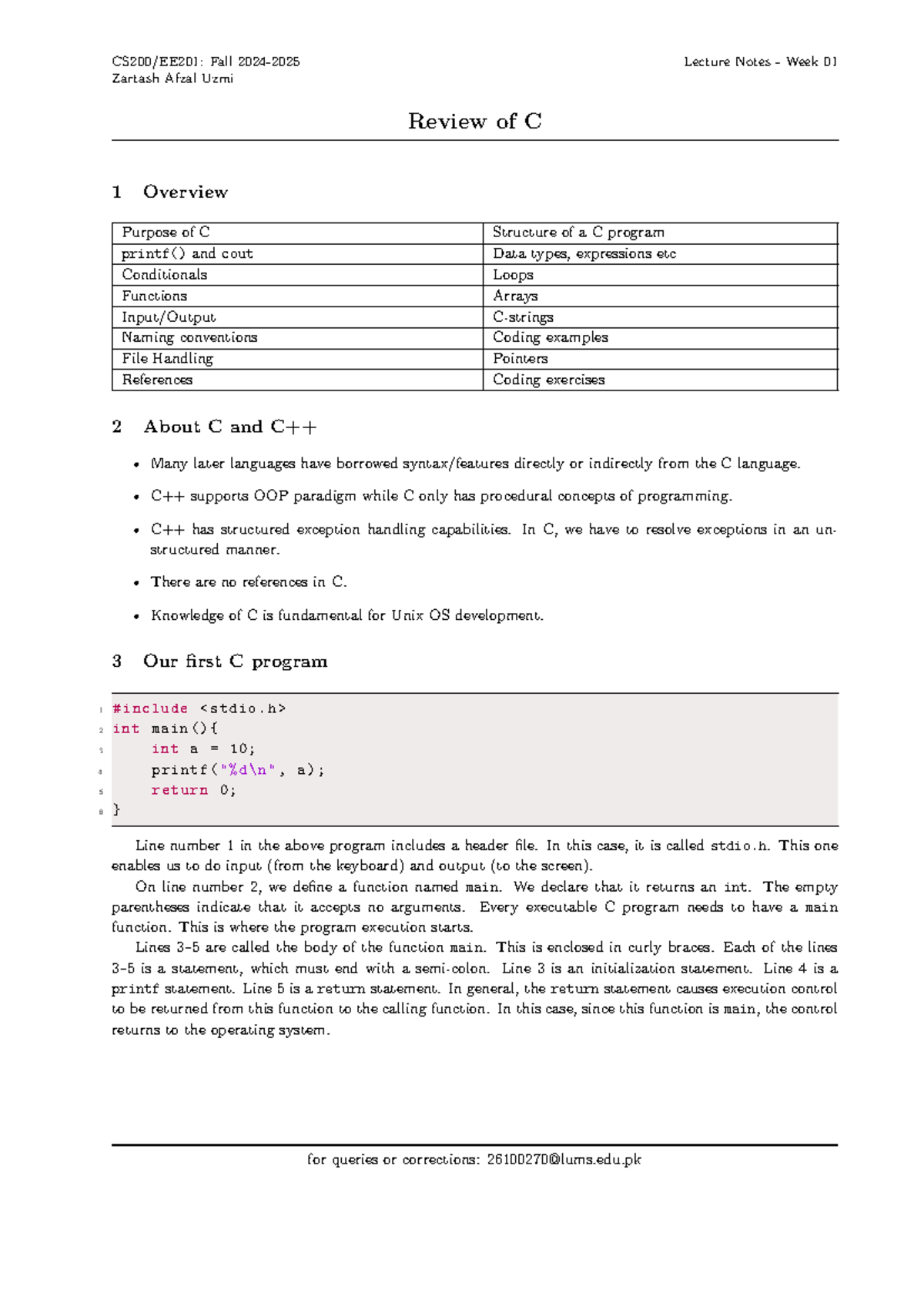 Week1 - Cs-200 notes on C - Zartash Afzal Uzmi Review of C 1 Overview ...