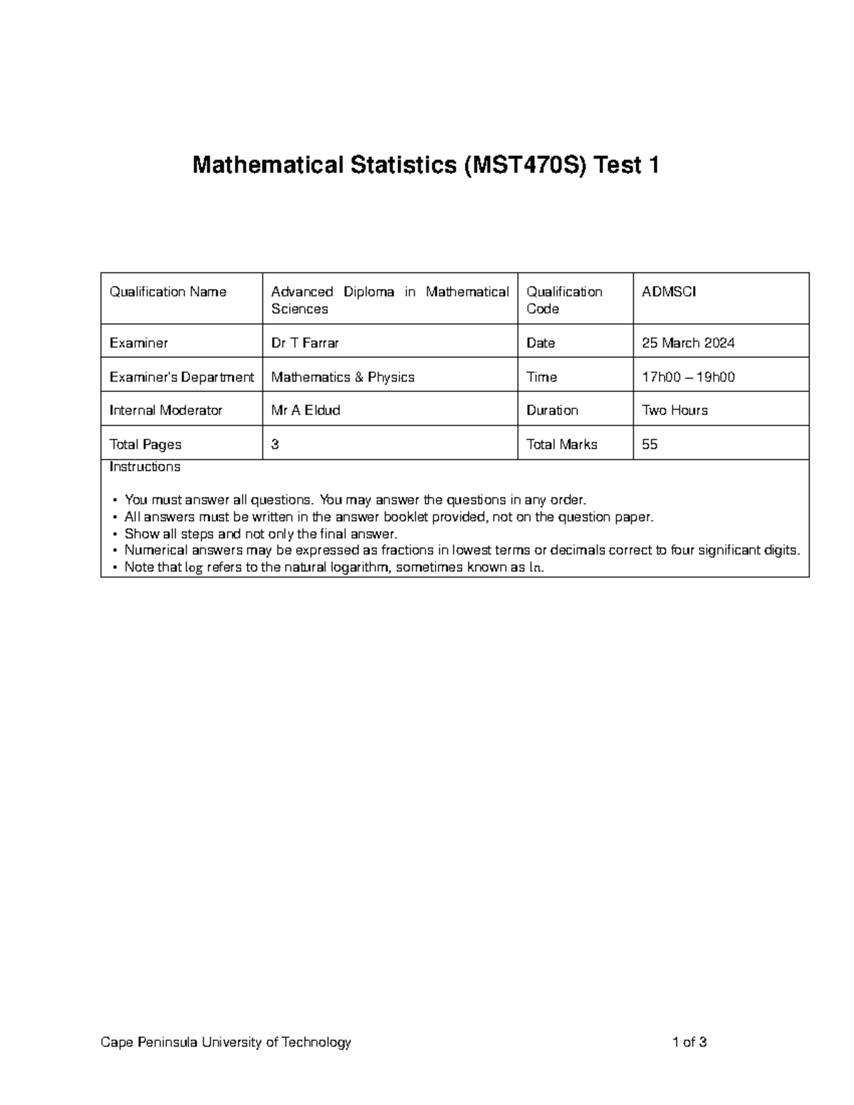 Mathematical Statistics MST470S Test 1 - Advanced Diploma Exam - Studocu