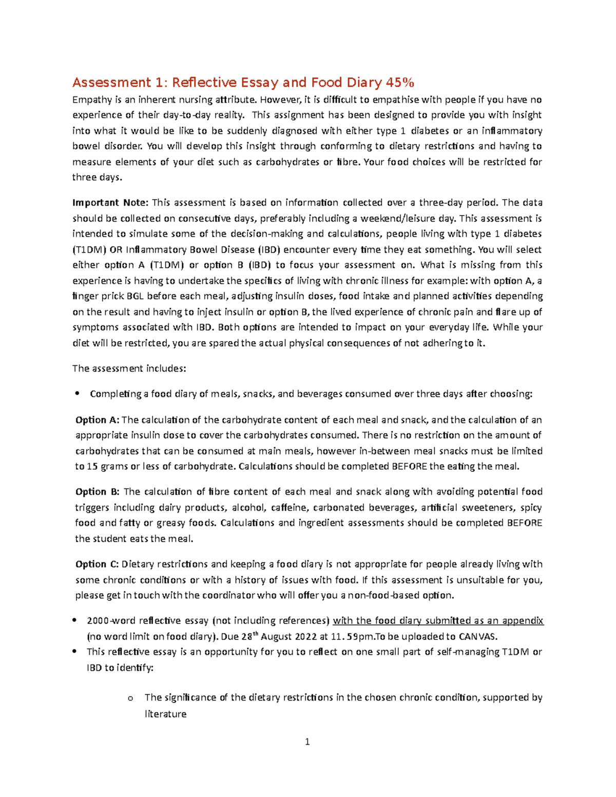 Reflective Essay & Food Diary for Nursing Assessment 1 (2022) - Studocu