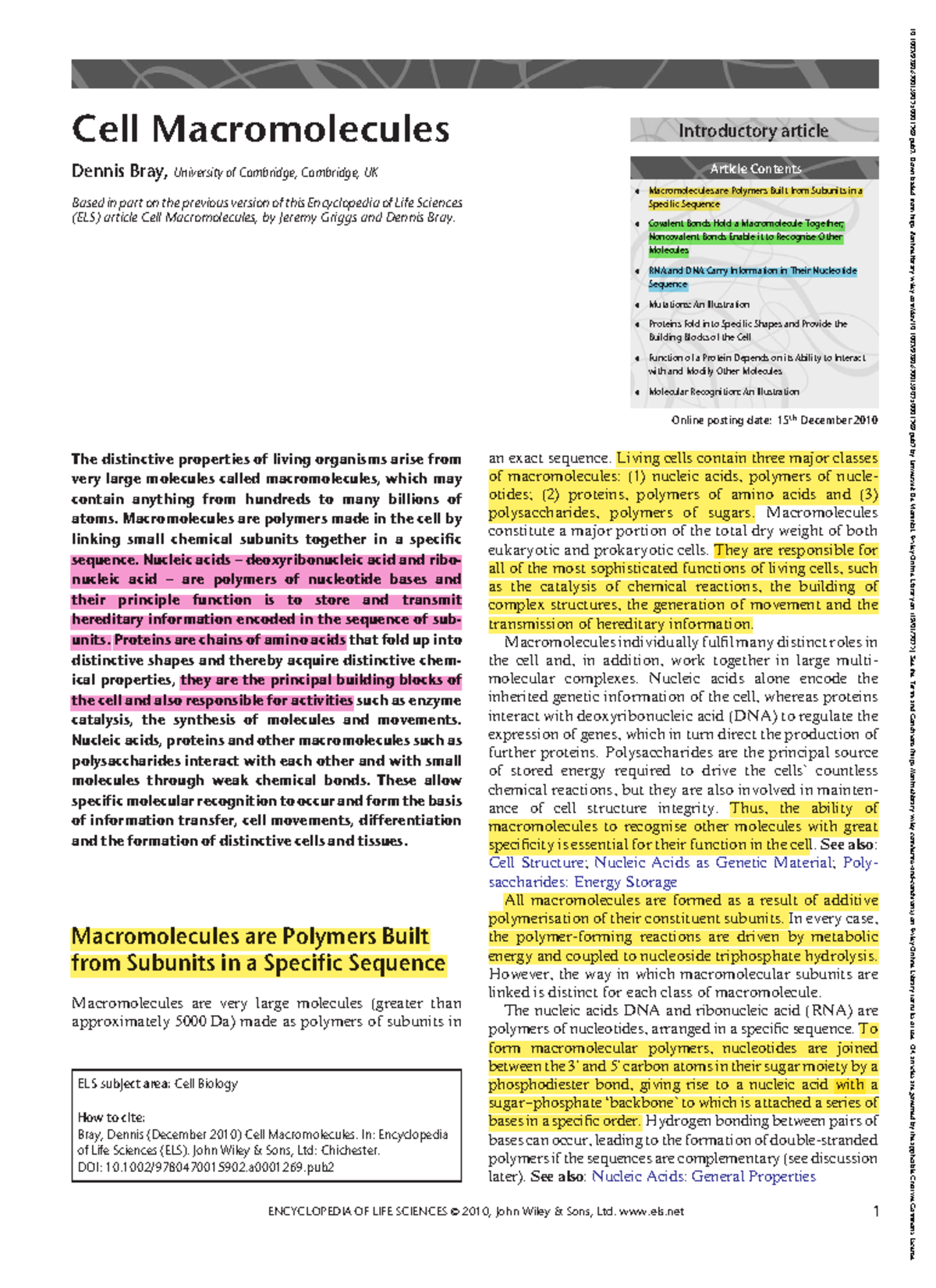 Cours 2 - Cell Macromolecules Dennis Bray, University of Cambridge ...