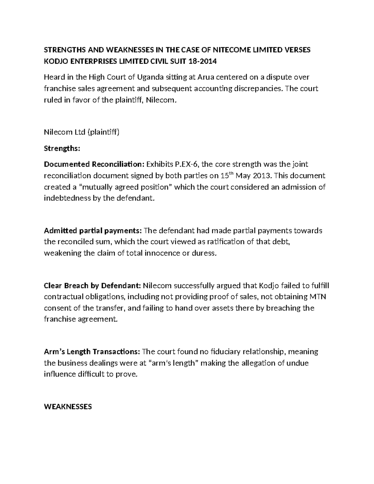 Strengths and Weaknesses in Civil Suit: Nilecom Ltd vs Kodjo Ent. (DOC ...