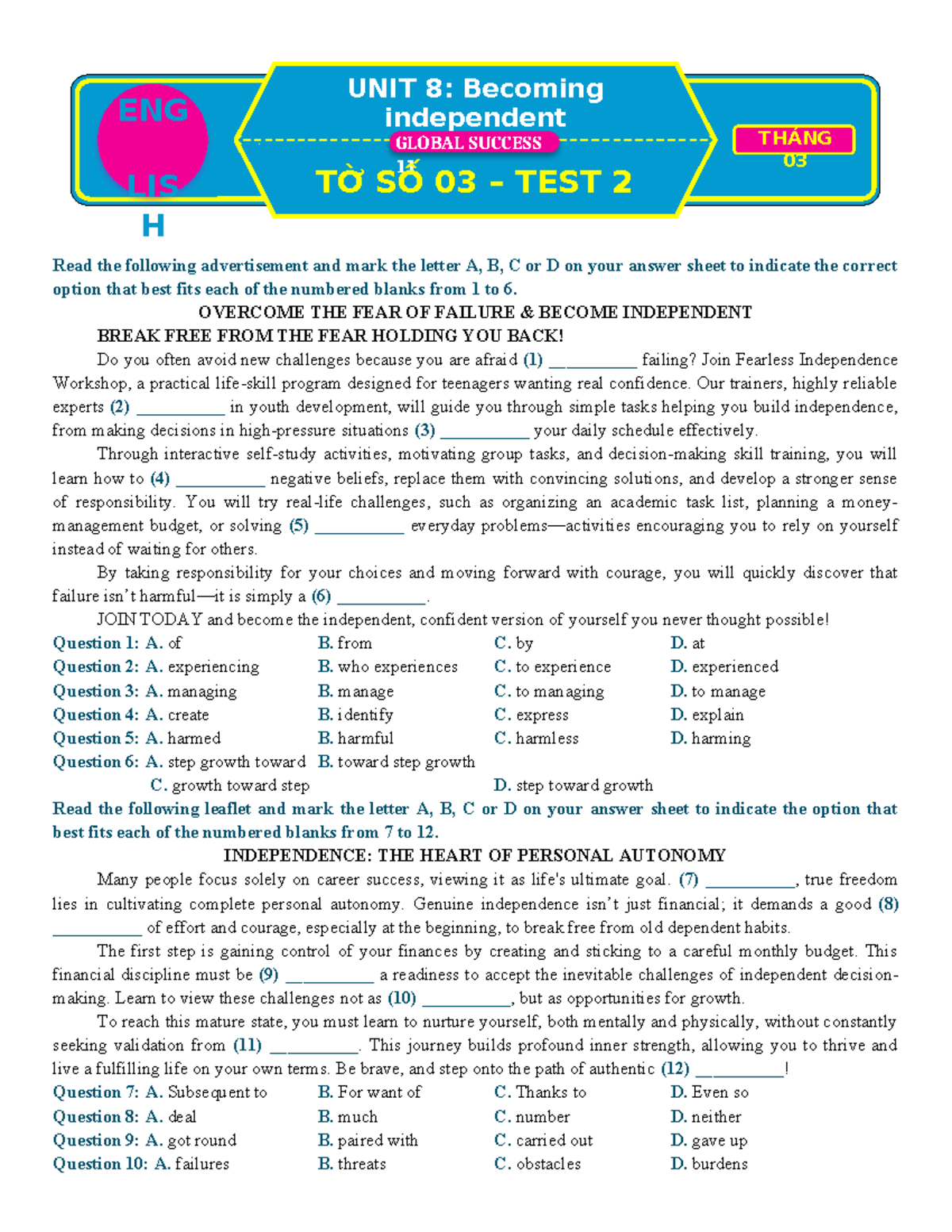 ENG LIS H UNIT 8: Becoming Independent - Test 02 Overview - Studocu