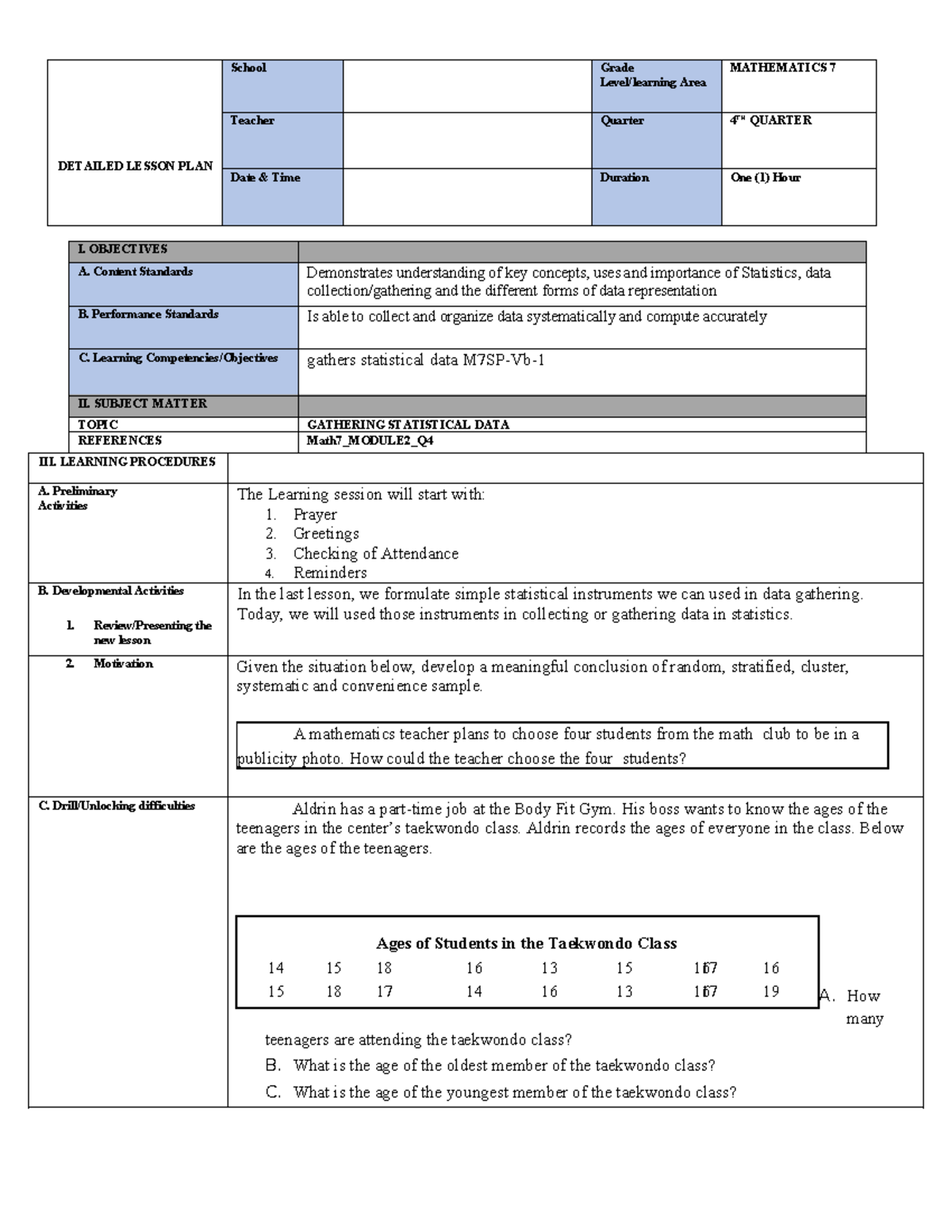 LP Grade 7 Detailed Lesson Plan on Gathering Statistical Data - Studocu