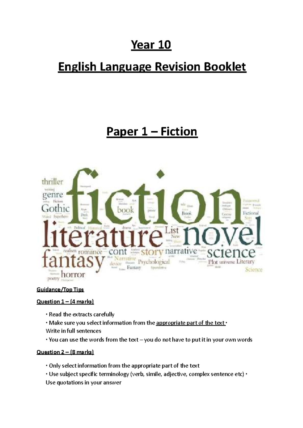 Year 10 English Language Revision Booklet - Paper 1 Tips & Techniques ...